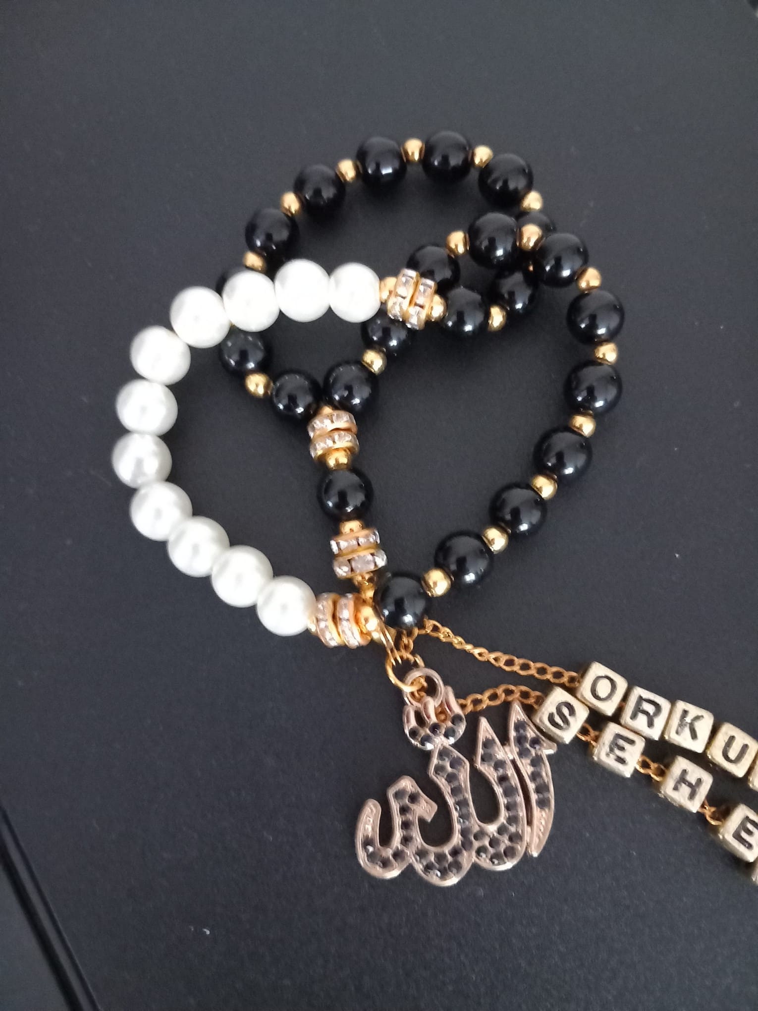 Personalized Onyx & Pearl Prayer Beads: Custom Muslim Tasbih With Gold ...