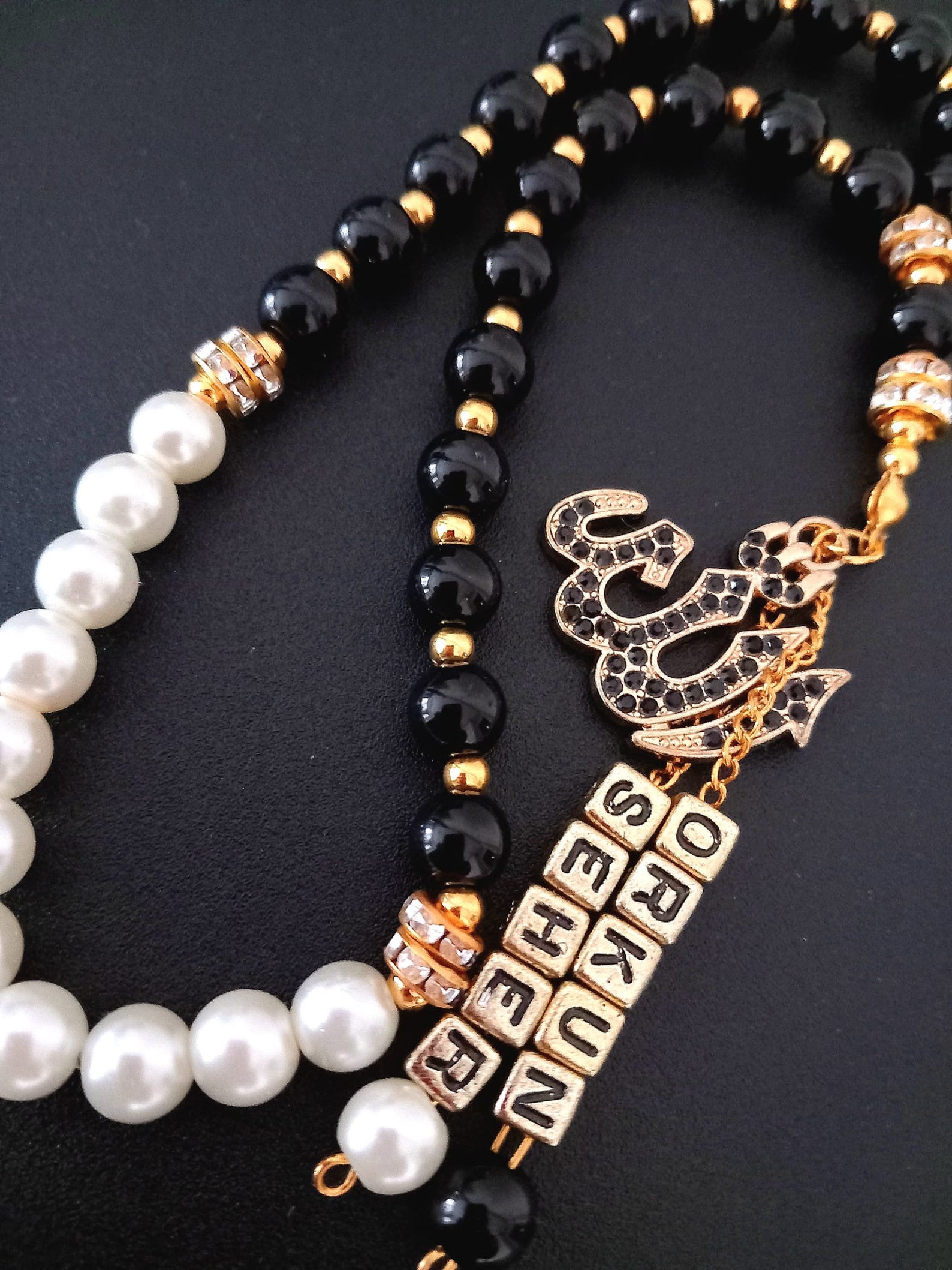 Personalized Onyx & Pearl Prayer Beads: Custom Muslim Tasbih With Gold ...
