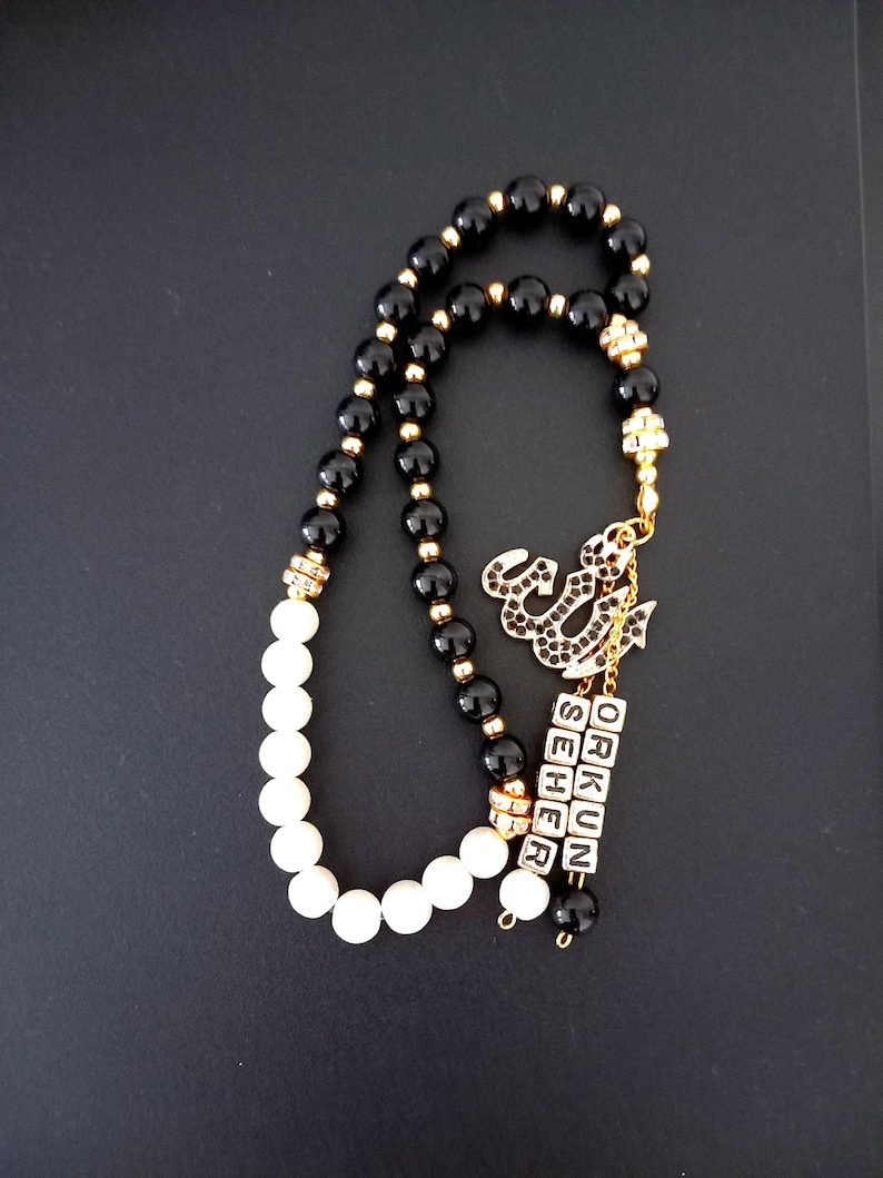 Personalized Onyx & Pearl Prayer Beads: Custom Muslim Tasbih With Gold ...