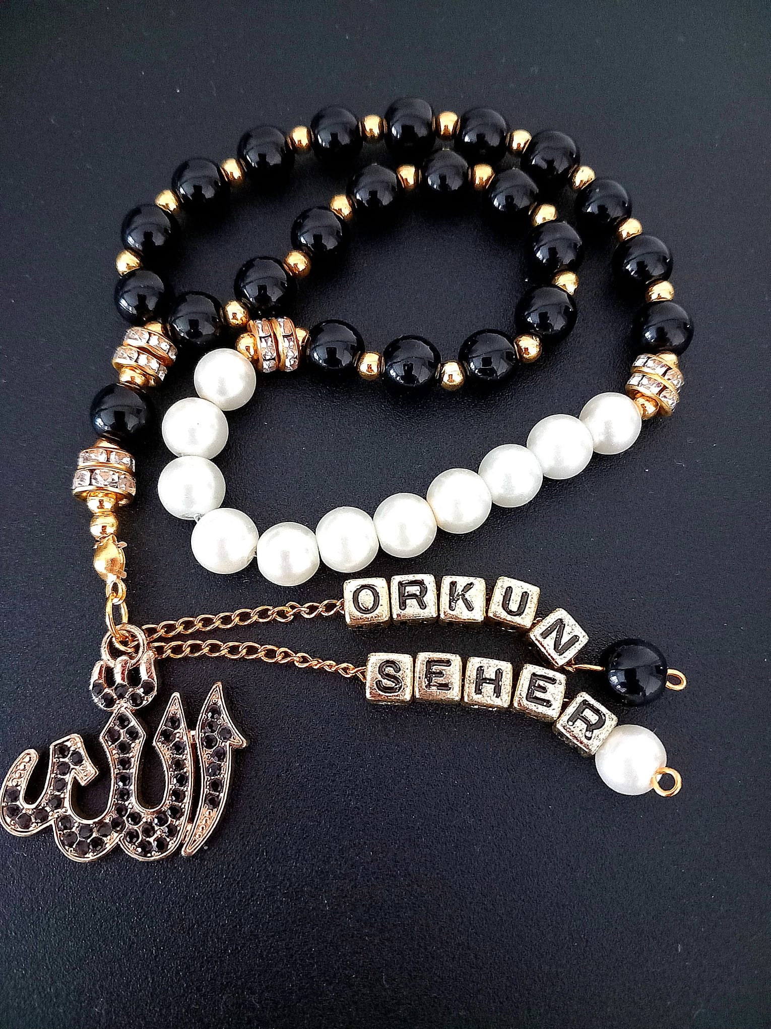Personalized Onyx & Pearl Prayer Beads: Custom Muslim Tasbih With Gold ...