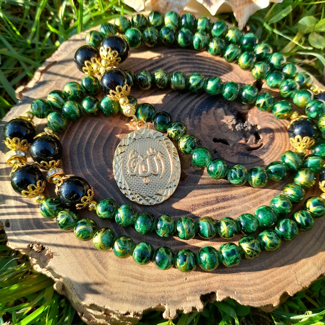 Green Gemstone Islamic Prayer Beads: 99 Bead Muslim Tasbih With Allah ...