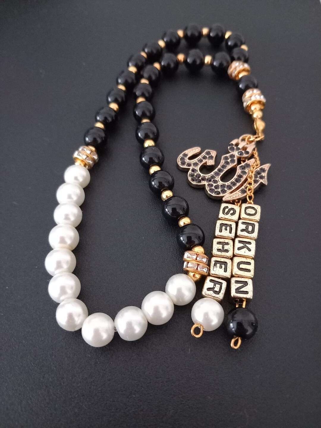 Personalized Onyx & Pearl Prayer Beads: Custom Muslim Tasbih With Gold ...