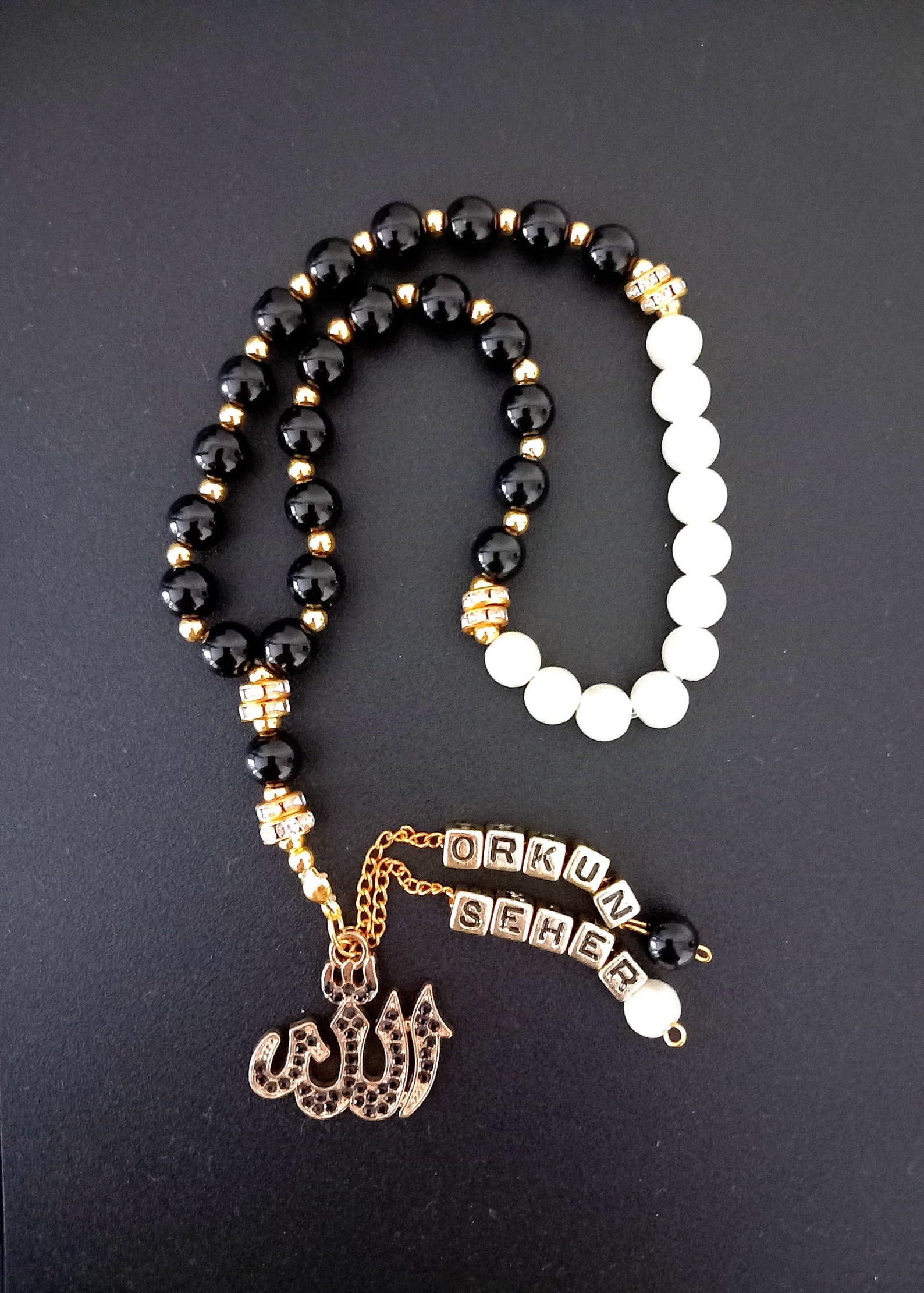Personalized Onyx & Pearl Prayer Beads: Custom Muslim Tasbih With Gold ...