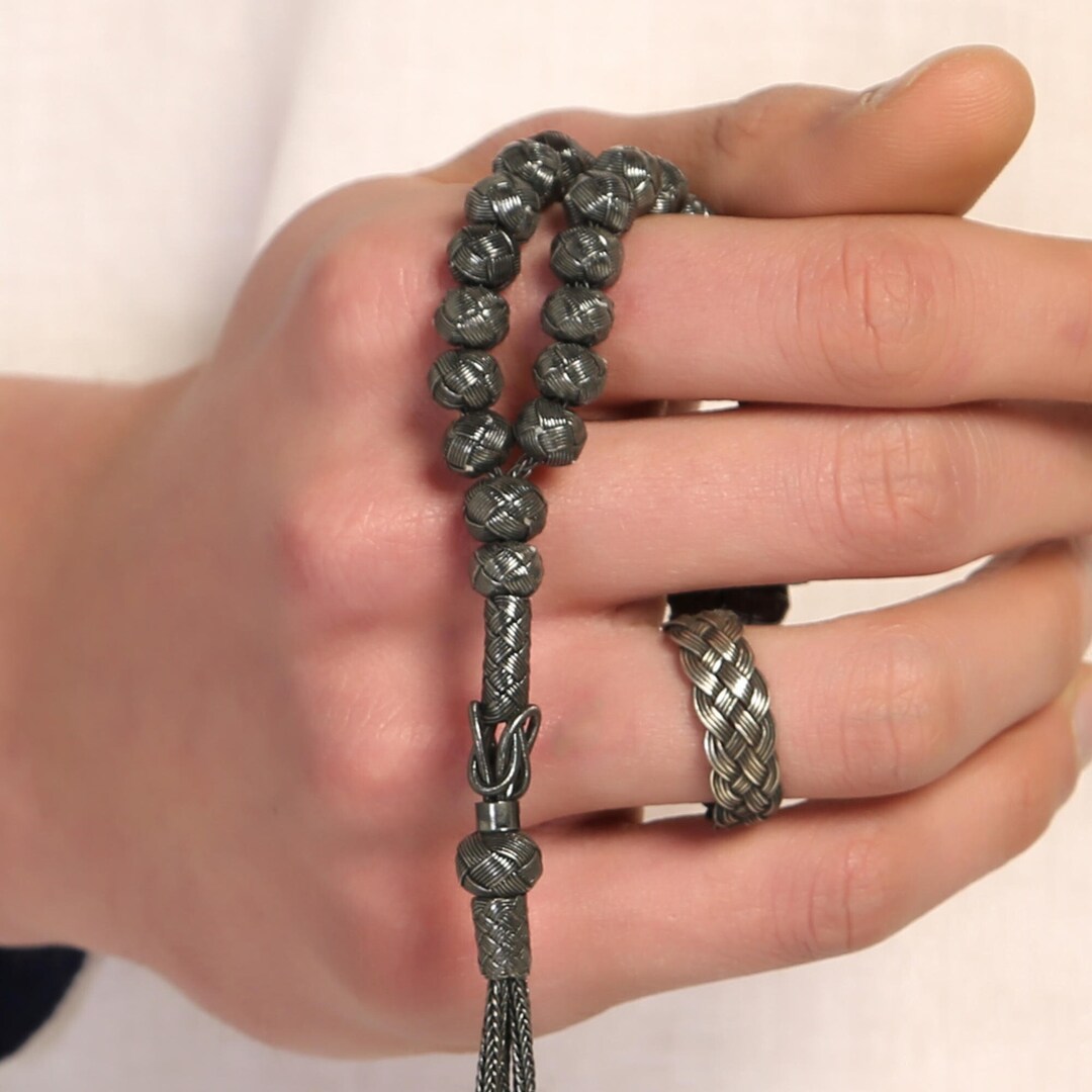 999 Sterling Silver Black Kazaz Tesbih: 33-bead Islamic Prayer Beads ...