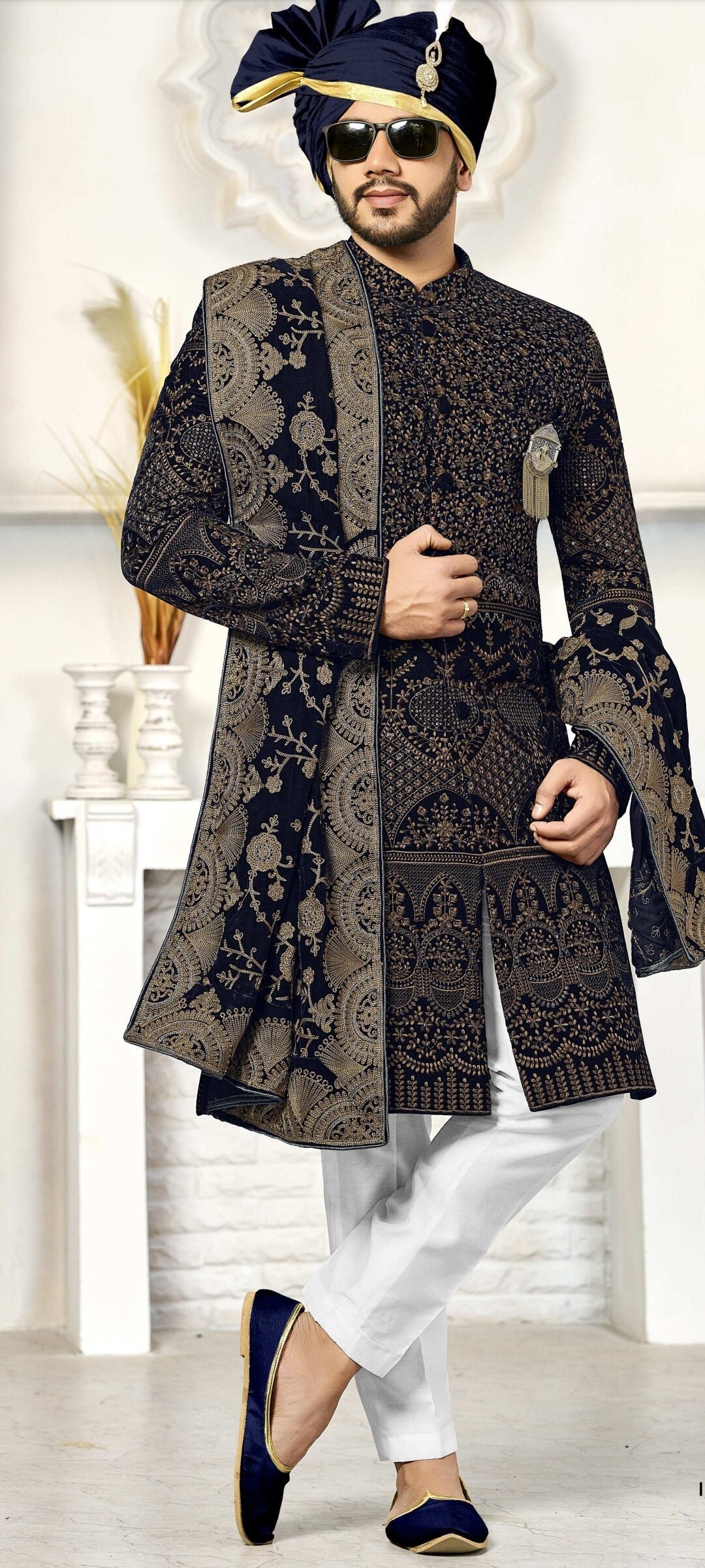 Mens Indian Latest Design for Blue Indo Western Sherwani Groom Wedding ...