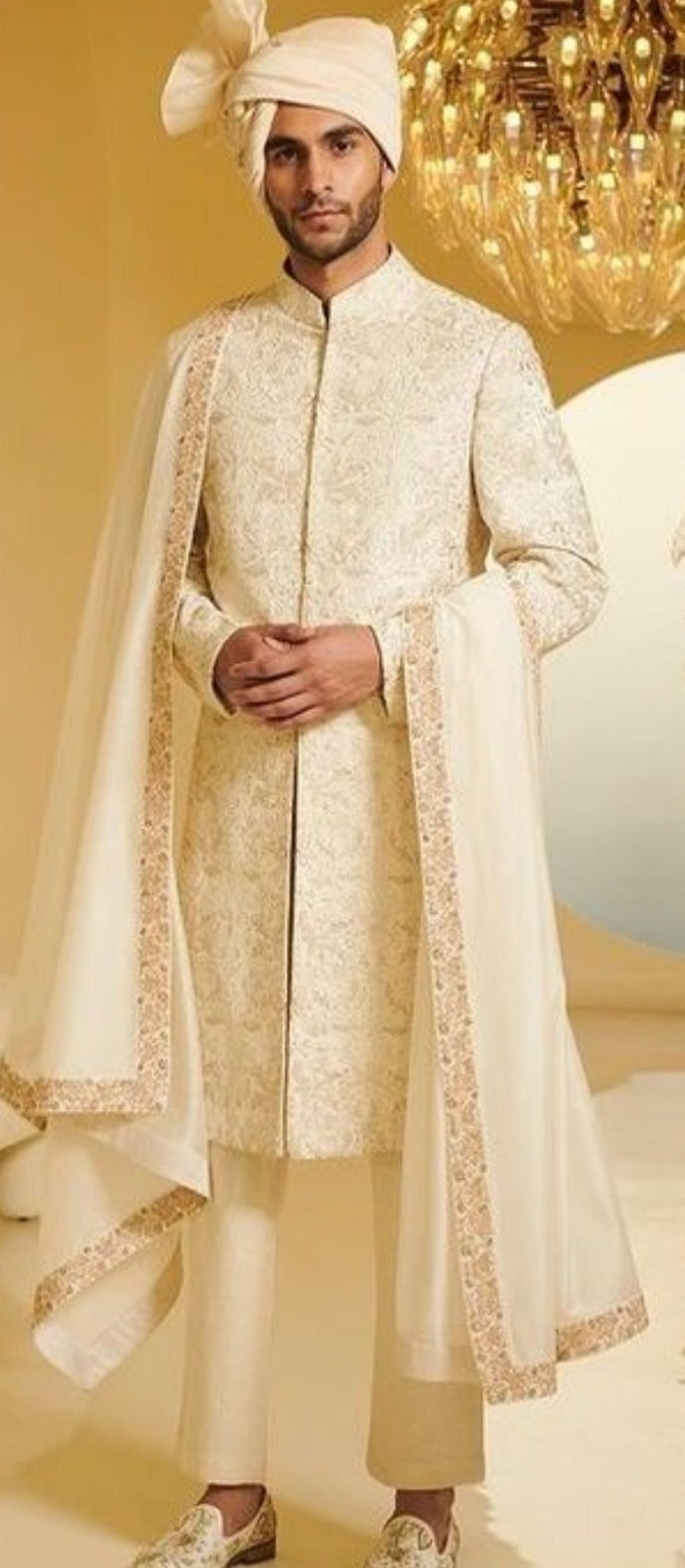 Mens Indian Latest Designs Cream Colour Sherwani Groom Wedding Party ...