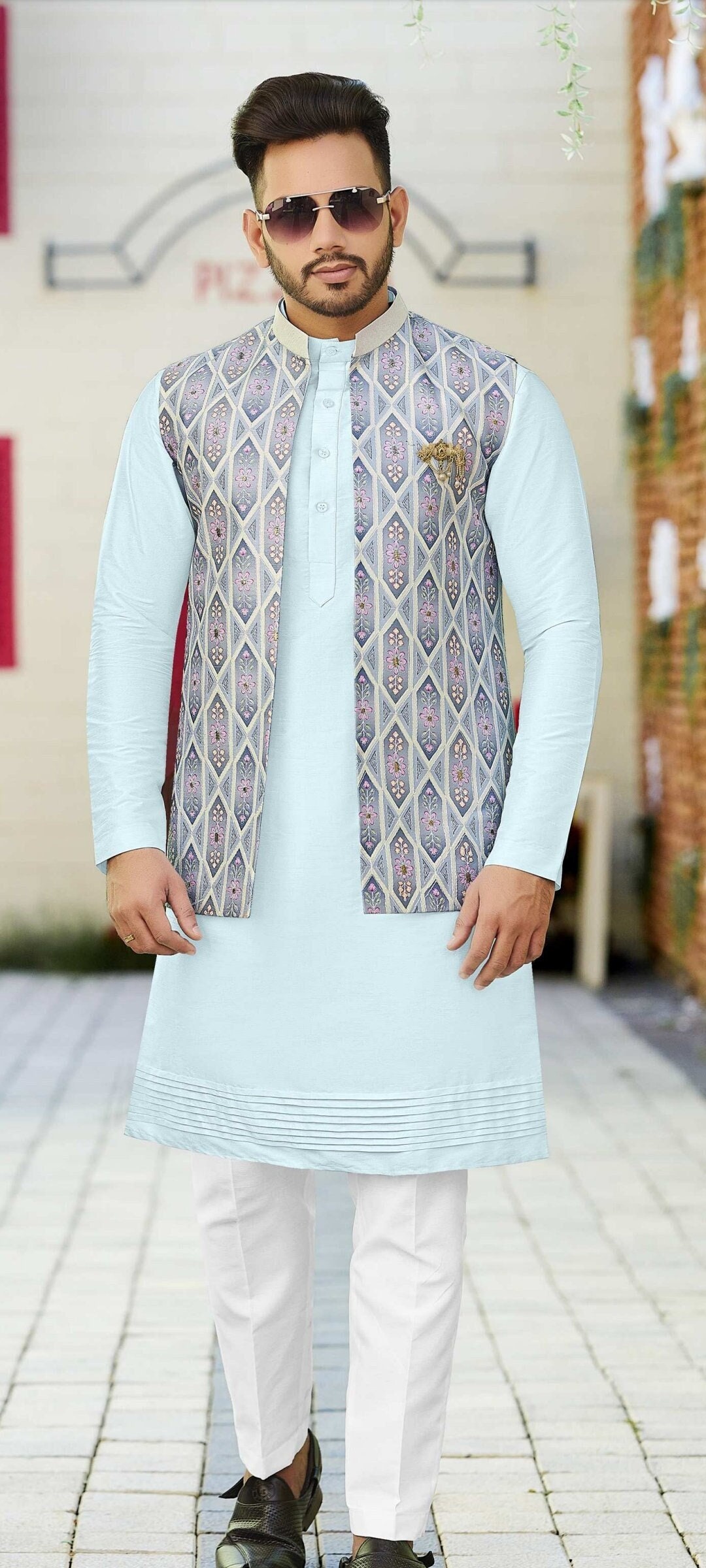 Mens Indian Latest Design for Sky Blue Jacket and Sky Blue Kurta White ...