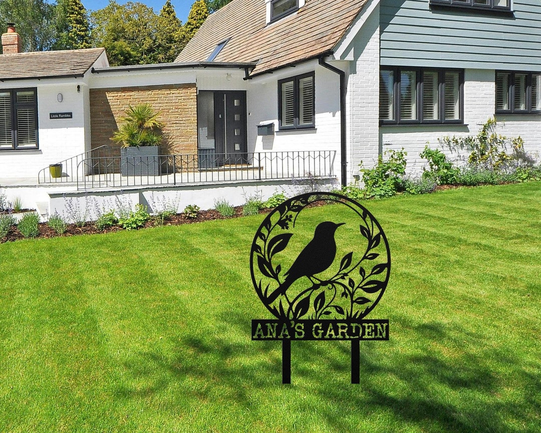 Garden Metal Sign With Stakes Custom Mockingbird Garden Name Sign ...