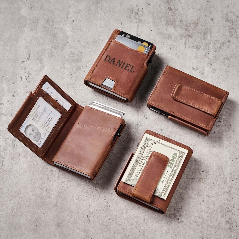 Personalized Leather Money Clip Wallet: RFID Pop-up Card Holder, Custom ...