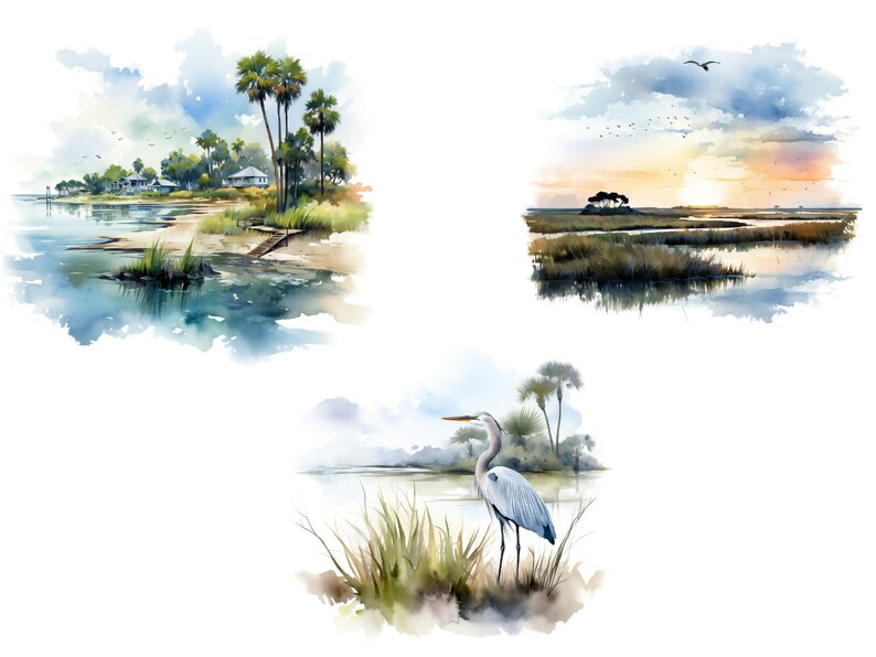 Watercolor Lowcountry Clipart, Marsh Clipart - Watercolor Clipart ...