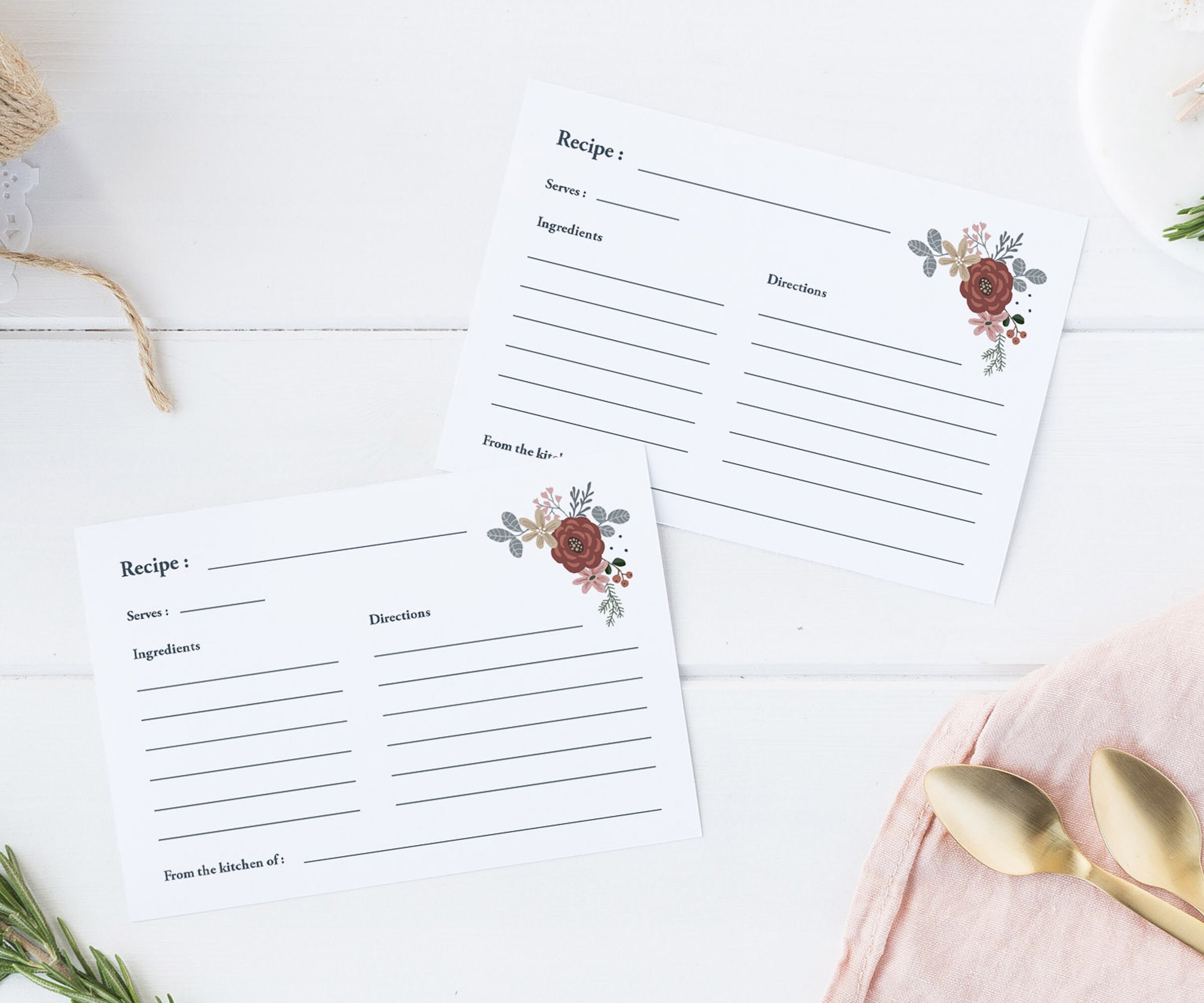 Floral Recipe Card Printable, Recipe Card Download, DIY Recipe Card ...