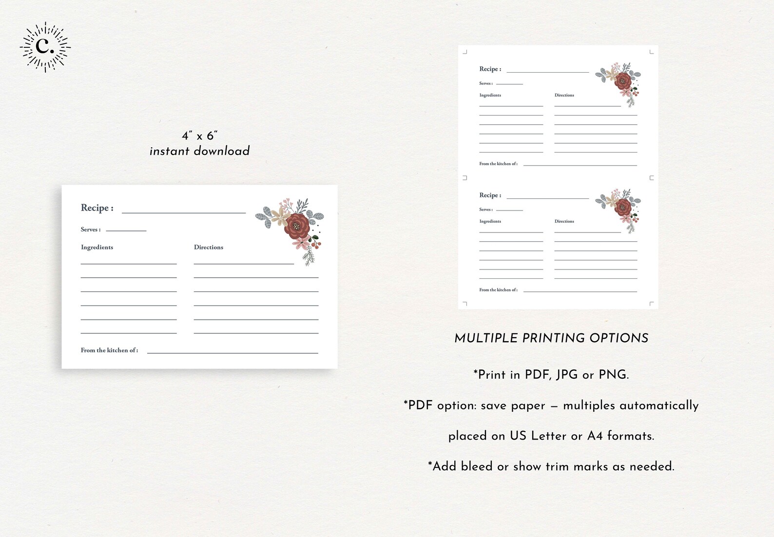 Floral Recipe Card Printable, Recipe Card Download, DIY Recipe Card ...