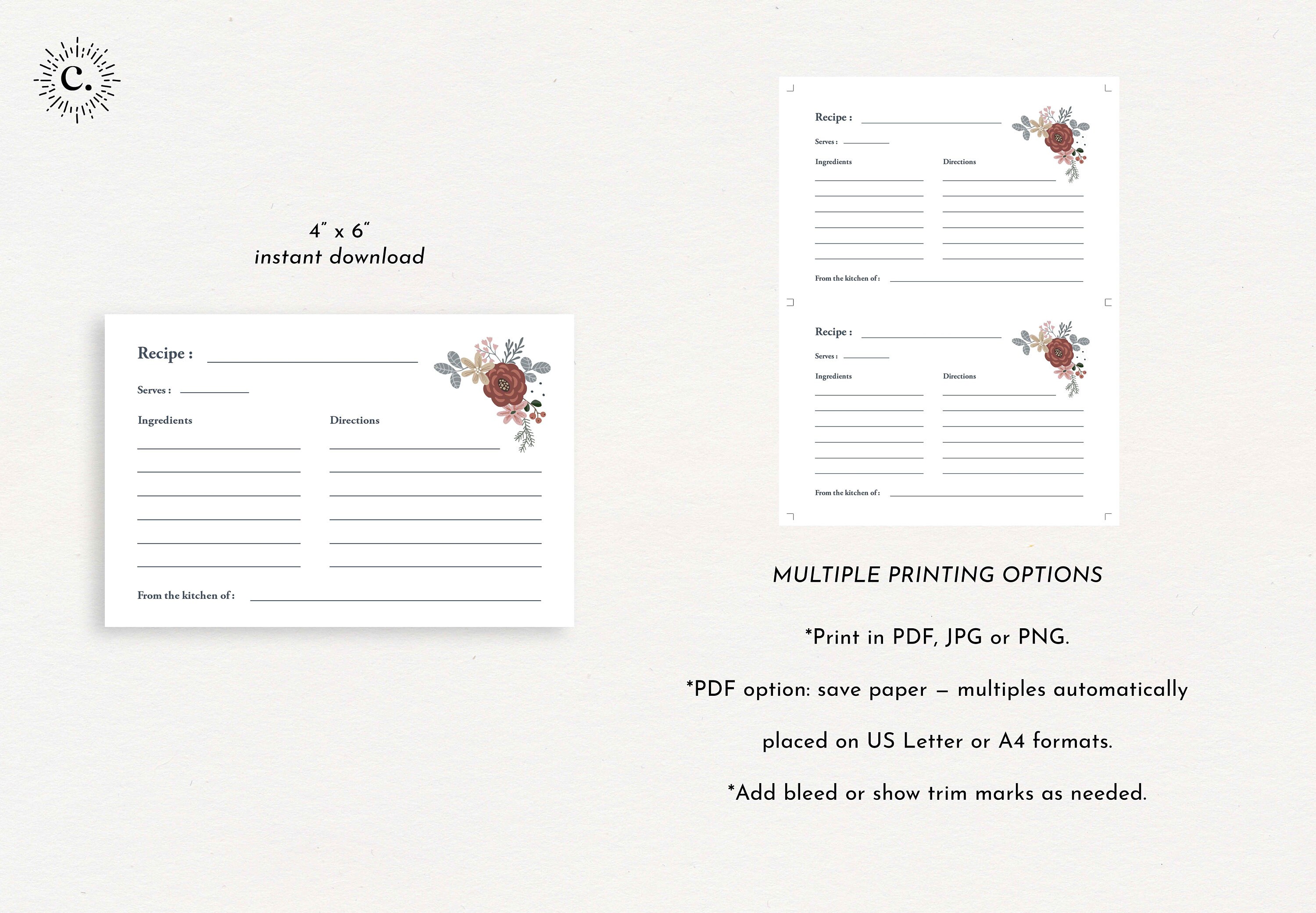 Floral Recipe Card Printable, Recipe Card Download, DIY Recipe Card ...