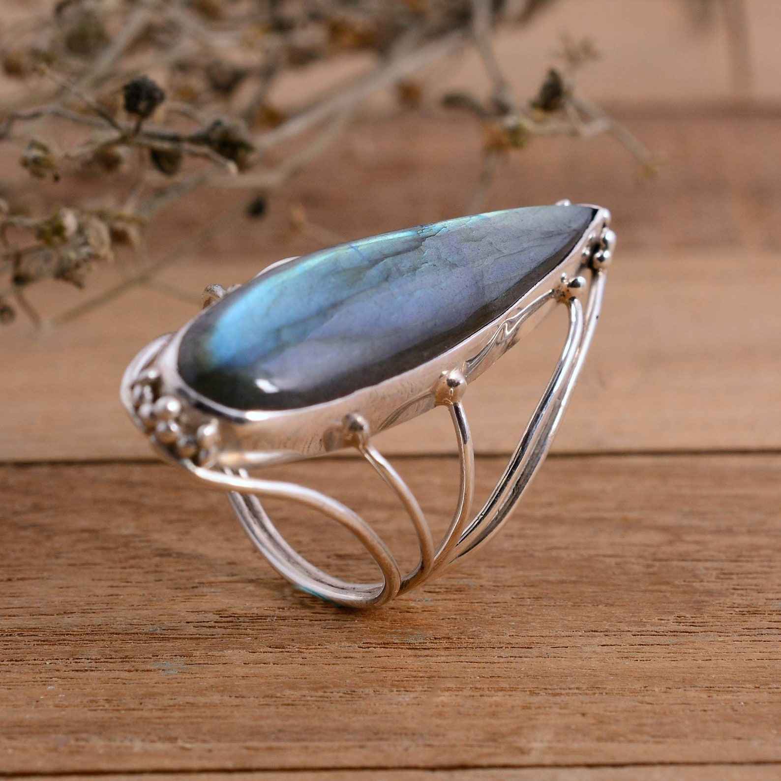 Boho Labradorite Ring, Blue Labradorite Gemstone Ring, Big Stone Ring ...