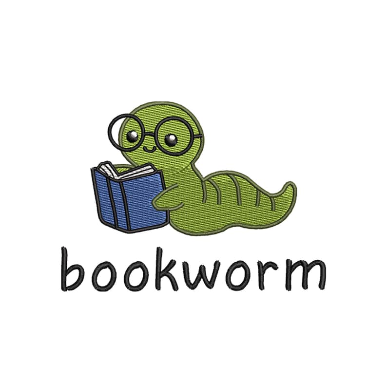 Bookworm Embroidery Design, Cute Bookworm Embroidery Pattern, Reading ...