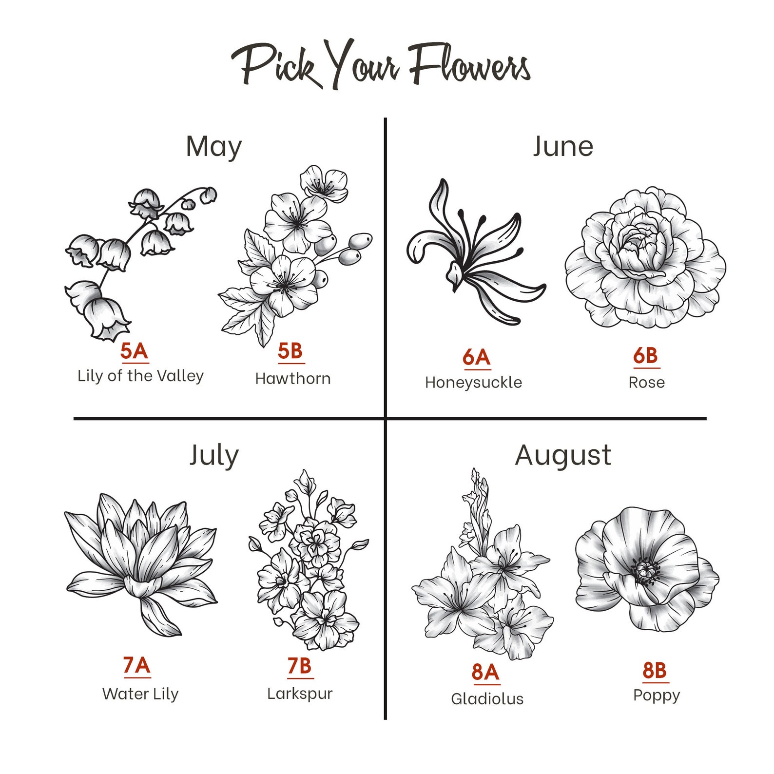 Custom Birth Flower Bouquet, Family Birth Month Tattoo Design, up to 15 ...