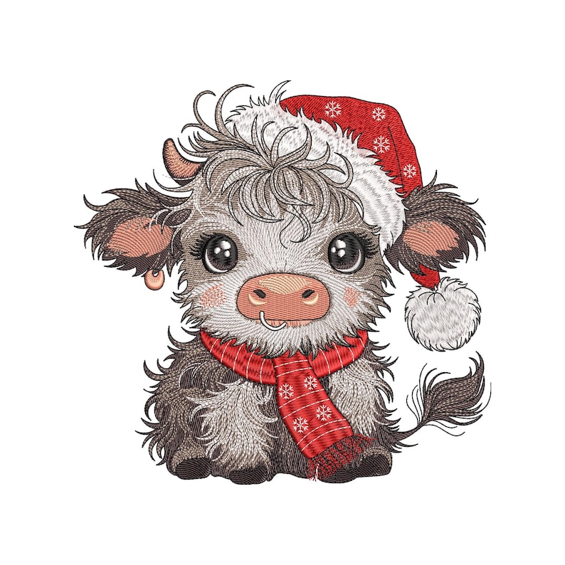Christmas Highland Cow Embroidery Designs, Baby Highland Cow in Santa ...