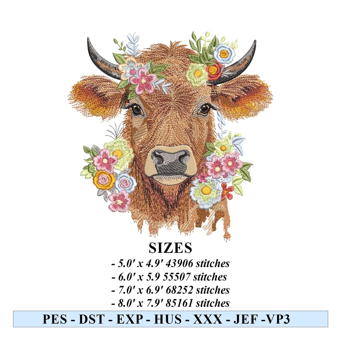 Floral Cow Head Embroidery Design, Highland Cow With Flowers, Farmhouse ...
