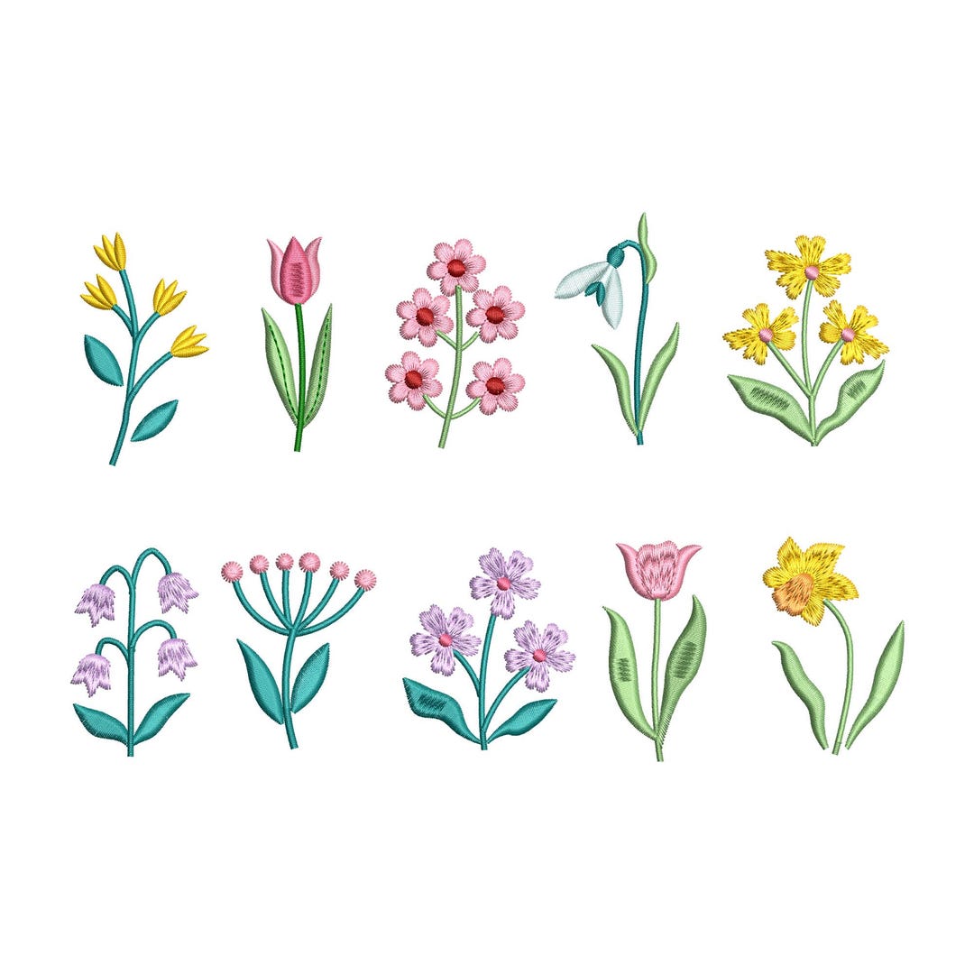 Set of 10 Mini Floral Embroidery Designs Set, Small Flower Embroidery ...