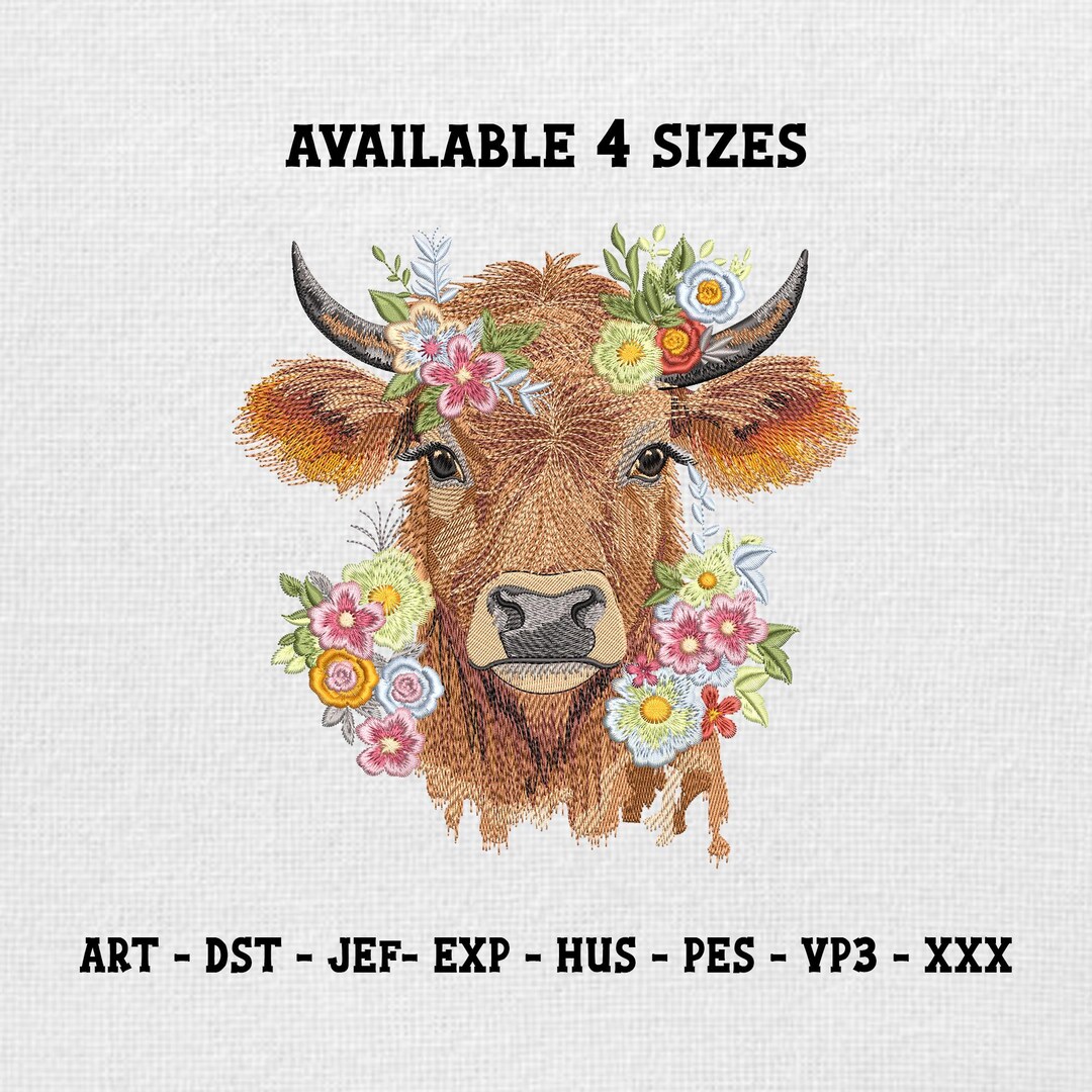 Floral Cow Head Embroidery Design, Highland Cow With Flowers, Farmhouse ...