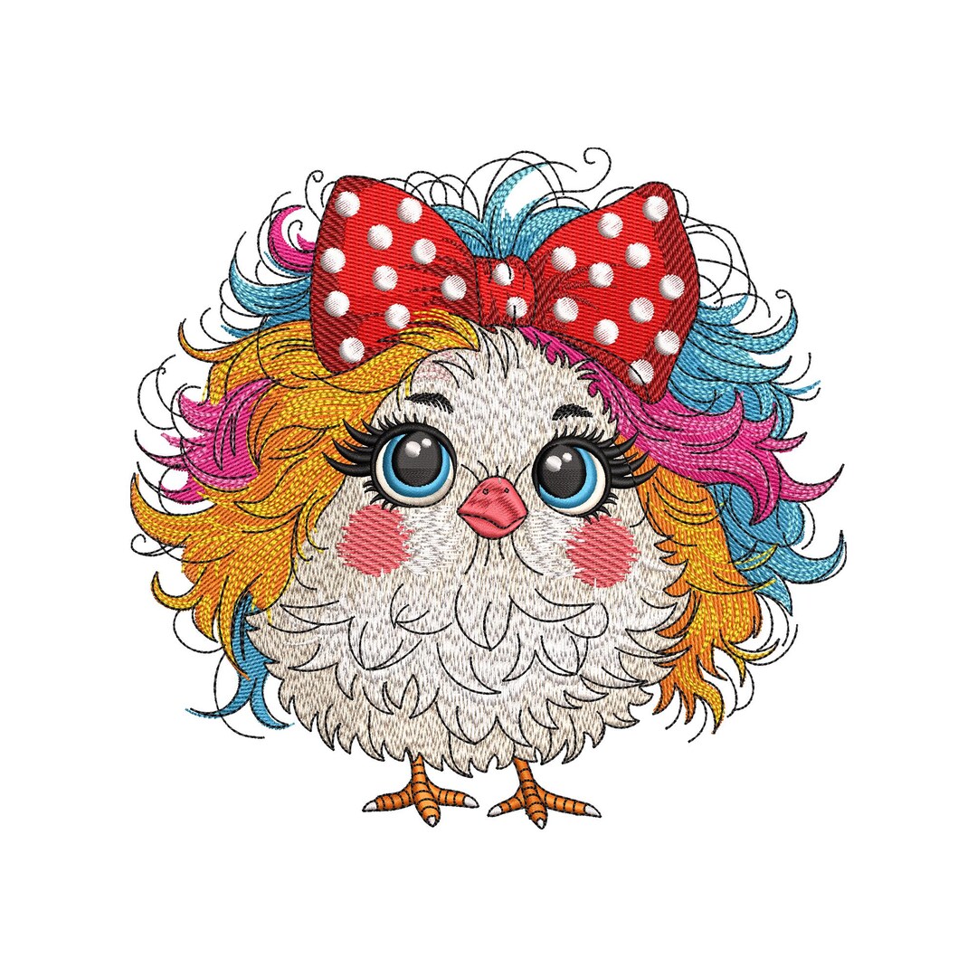 Cute Chicken Embroidery Design, Rainbow Chicken With Bow, Kawaii ...