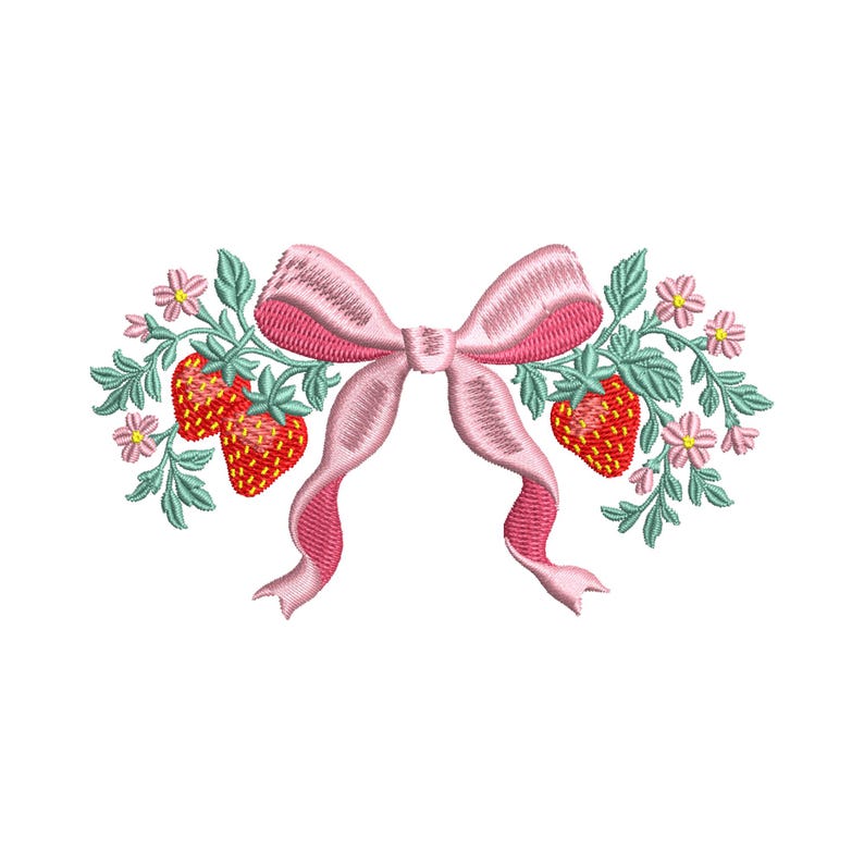 Strawberry Bow Embroidery Design, Floral Strawberry Ribbon, Spring ...