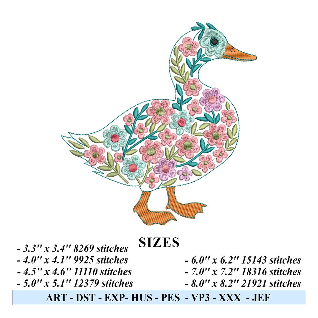 Floral Duck Embroidery Design, Duck Machine Embroidery File, Farm ...