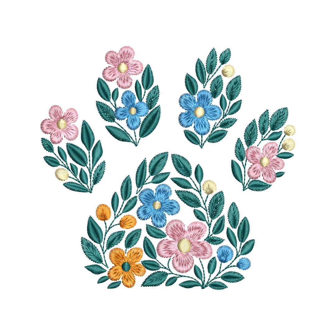 Floral Paw Print Embroidery Design – Dog Paw Embroidery File – Pet ...