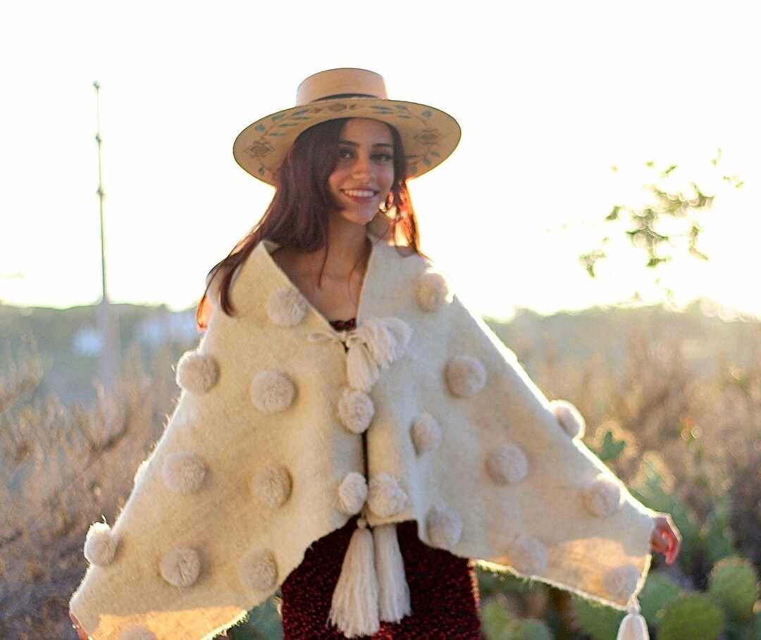 Wool Shawl- Pom Poms -mayan Chamula Cape- Capa Made in Mexico-mexican ...