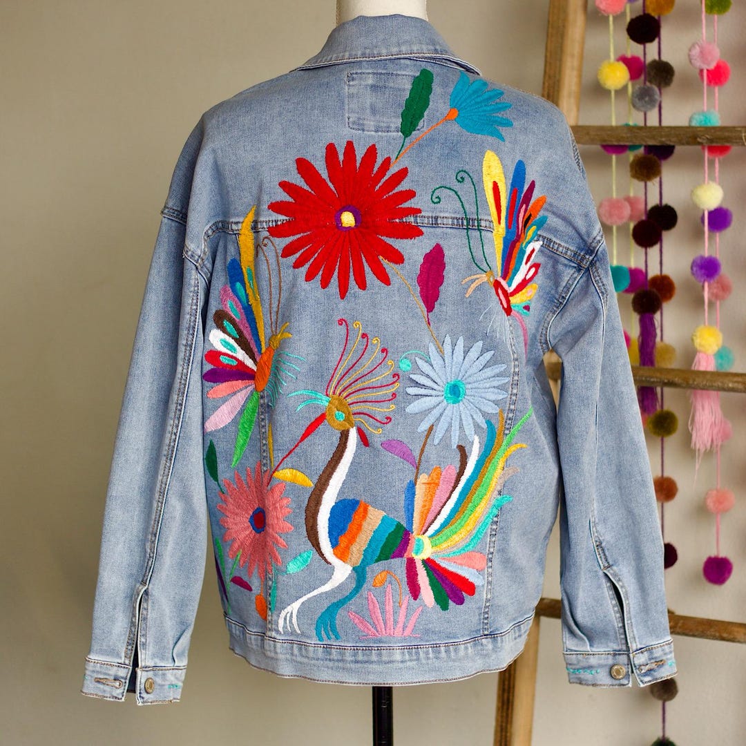 Otomi Denim Jacket-women Tenango Jean Jacket-otomi Hand Embroidered Oversize Jacket-otomi Hand ...