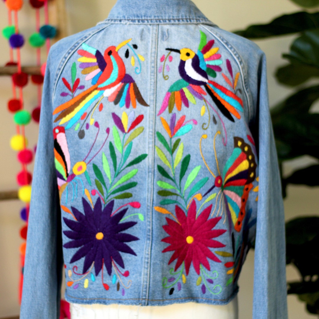 Otomi Crop Denim Jacket-women Jean Jacket Otomi Hand Embroidered Jacket Otomi Hand Embroidered ...