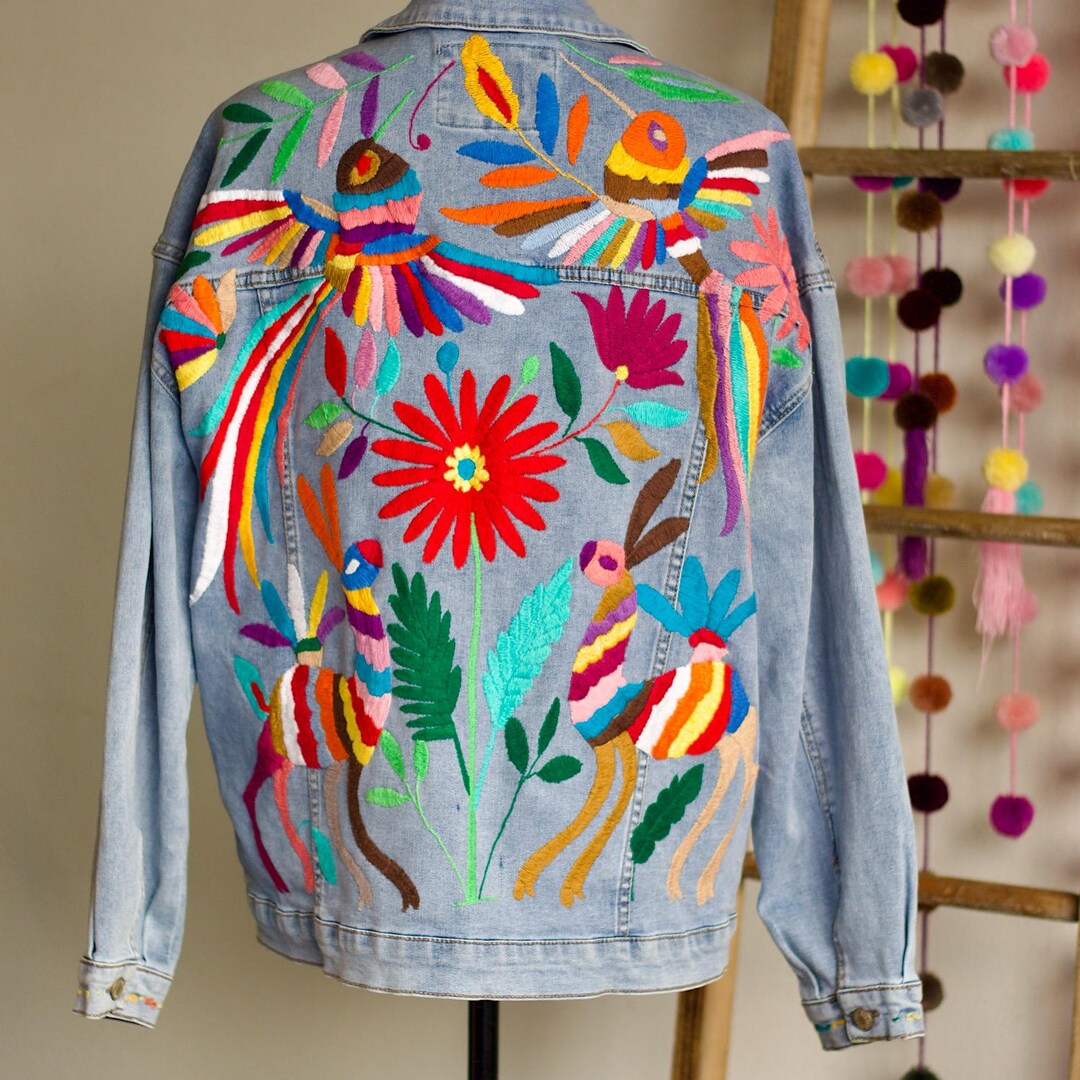 Otomi Denim Jacket-women Tenango Jean Jacket-otomi Hand Embroidered Oversize Jacket-otomi Hand ...