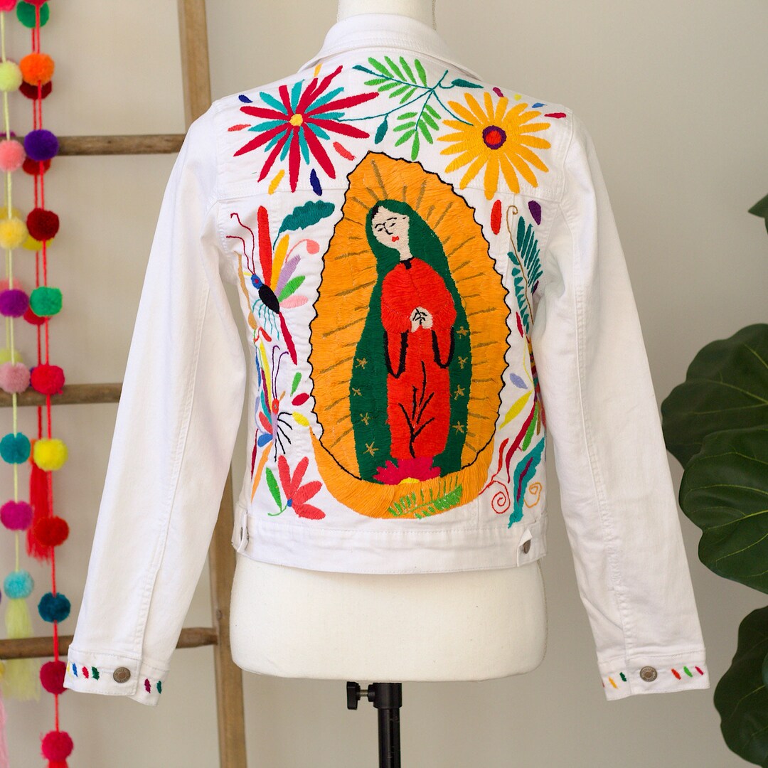 Virgen De Guadalupe Otomi Denim Jacket – Hand Embroidered Virgin Mary ...