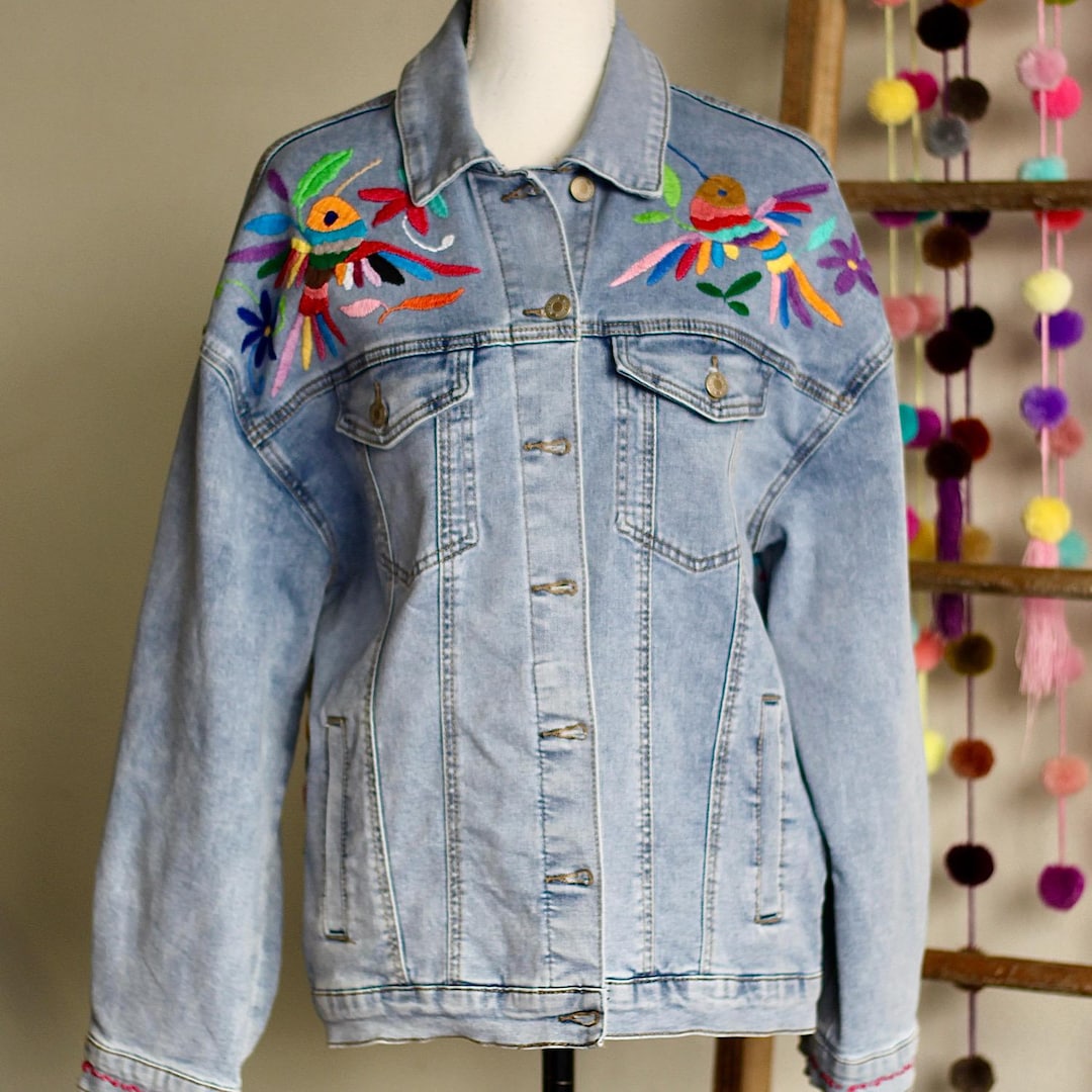 Otomi Denim Jacket-women Tenango Jean Jacket-otomi Hand Embroidered Oversize Jacket-otomi Hand ...