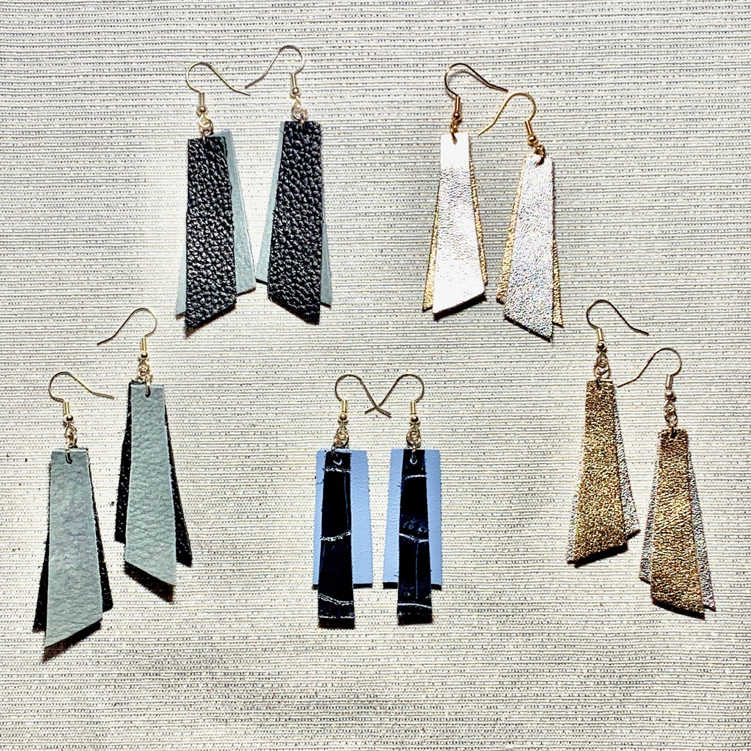 Stylish, Layered Parallelogram, Art Deco Leather Earrings - Etsy