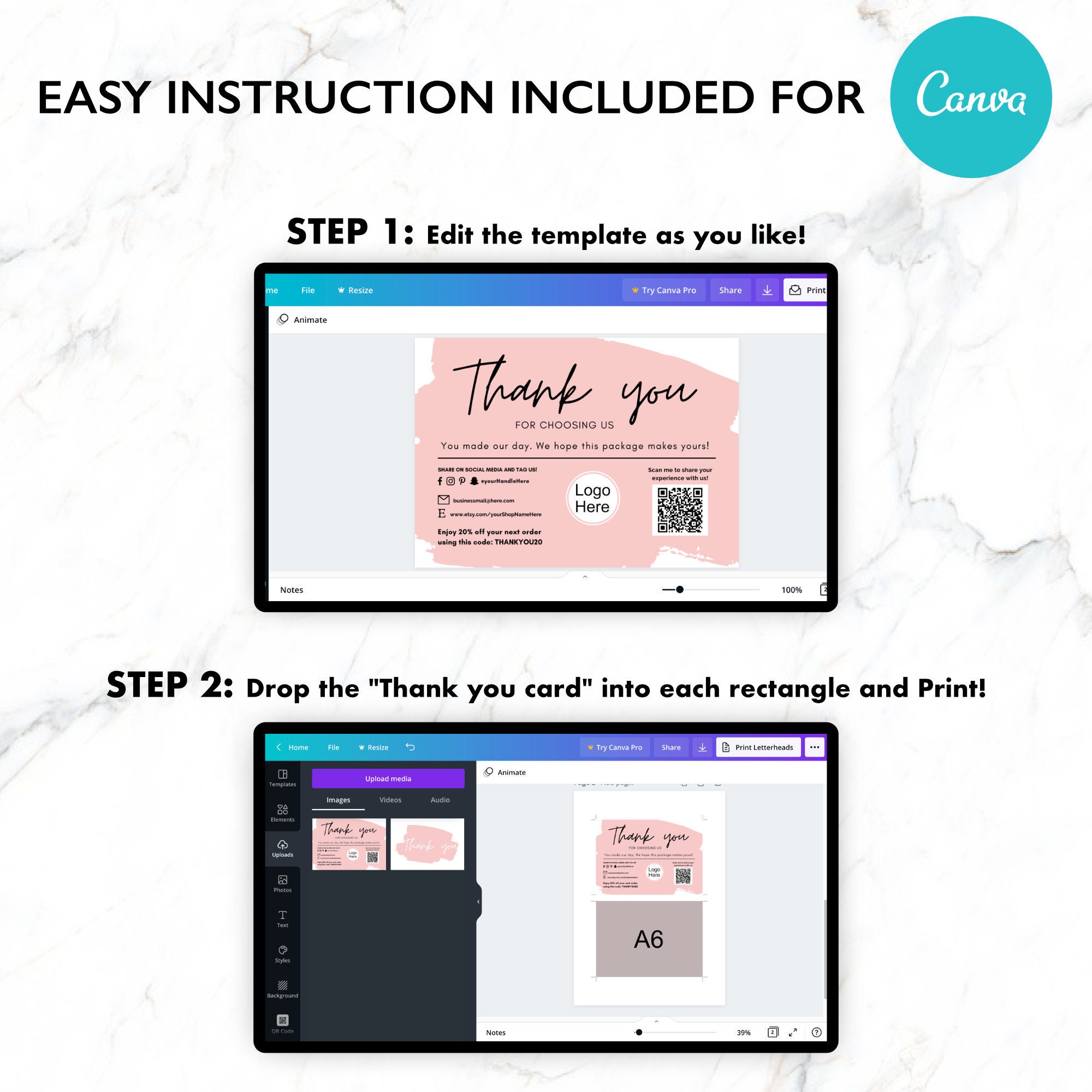Thank You Card Template Editable and Printable, Business Card Design ...