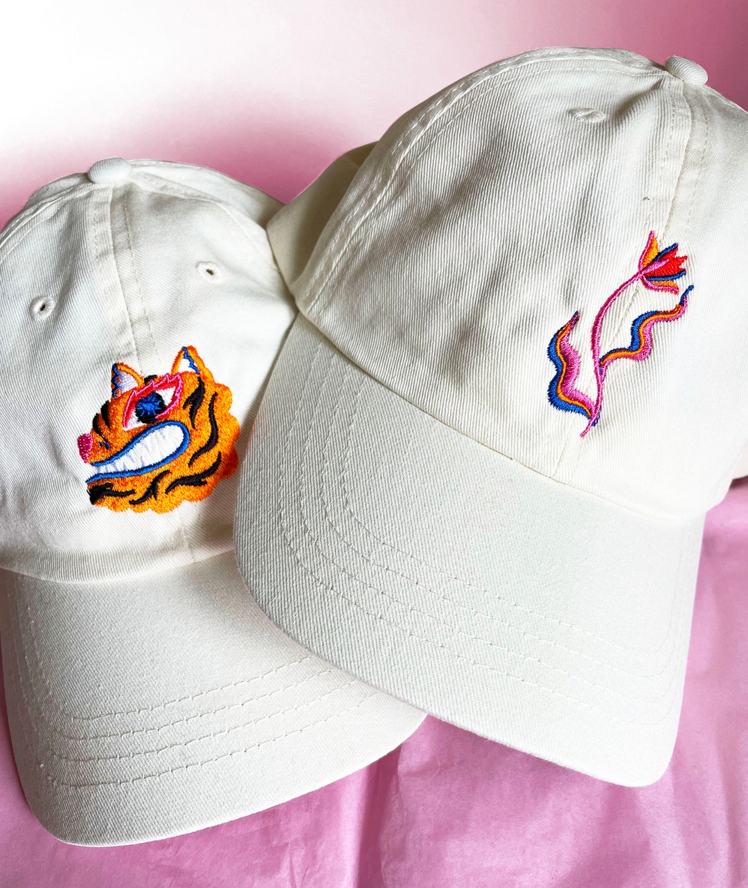 Embroidered Tiger and Flower Caps - Etsy
