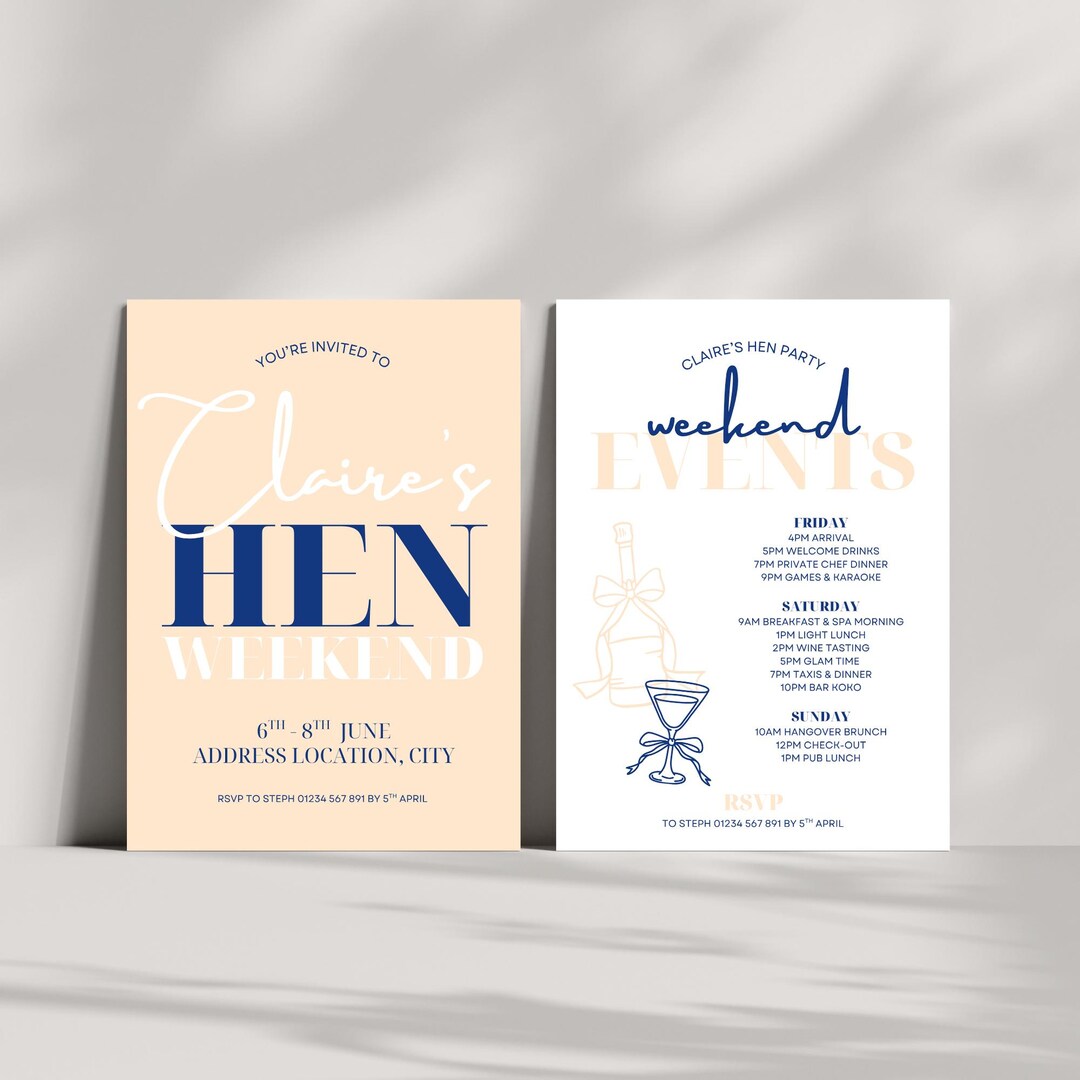 Minimal Cream and Navy Hen Party Invitation Template Set | Editable ...