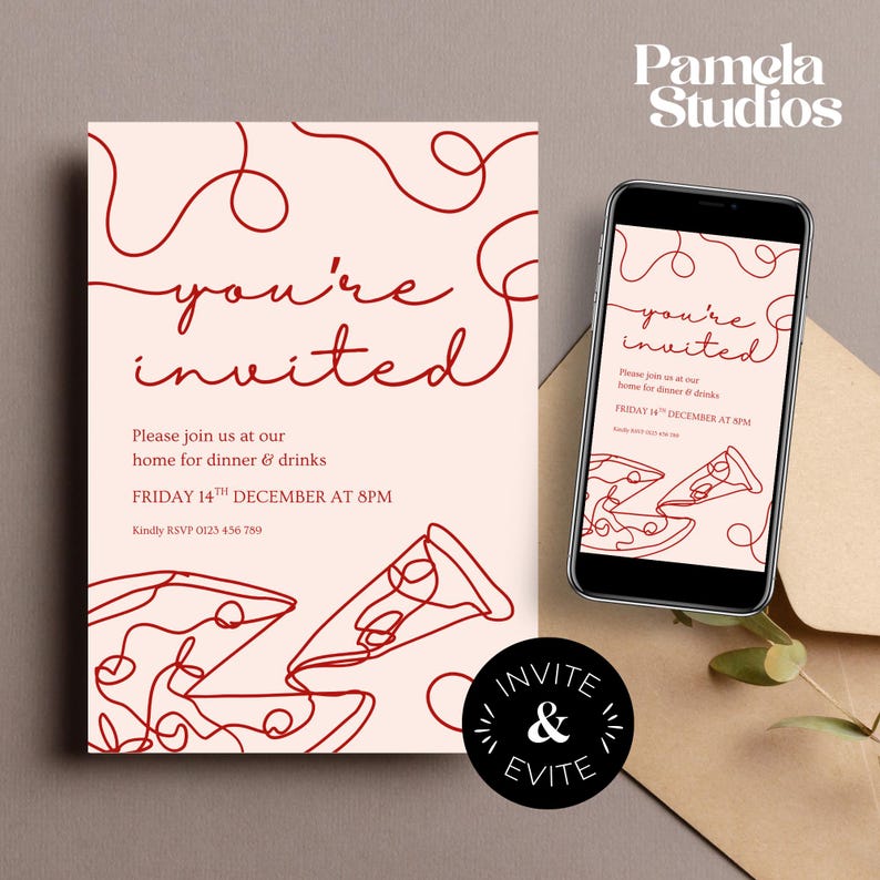 Editable Pizza Dinner Party Invitation Template | Red Cream Modern ...