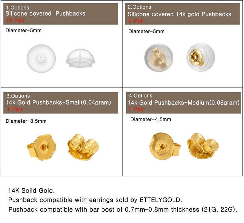 14K Solid Gold Earring Backs, Silicone Pushbacks, Replacement Butterfly ...