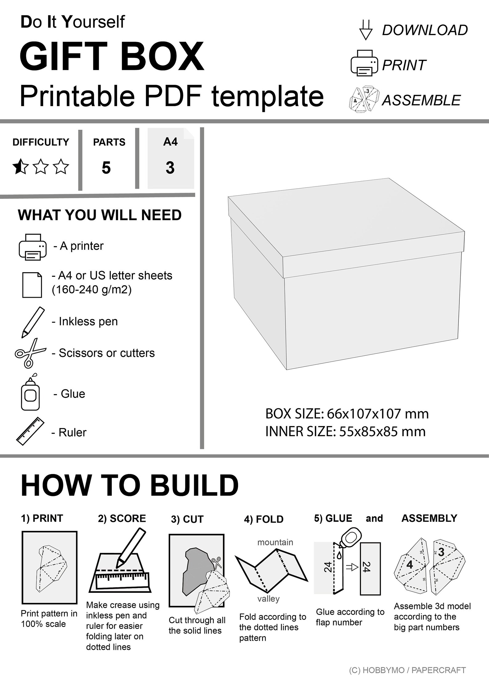 Small Gift Box with Lid h66mm printable pdf template. Paper | Etsy