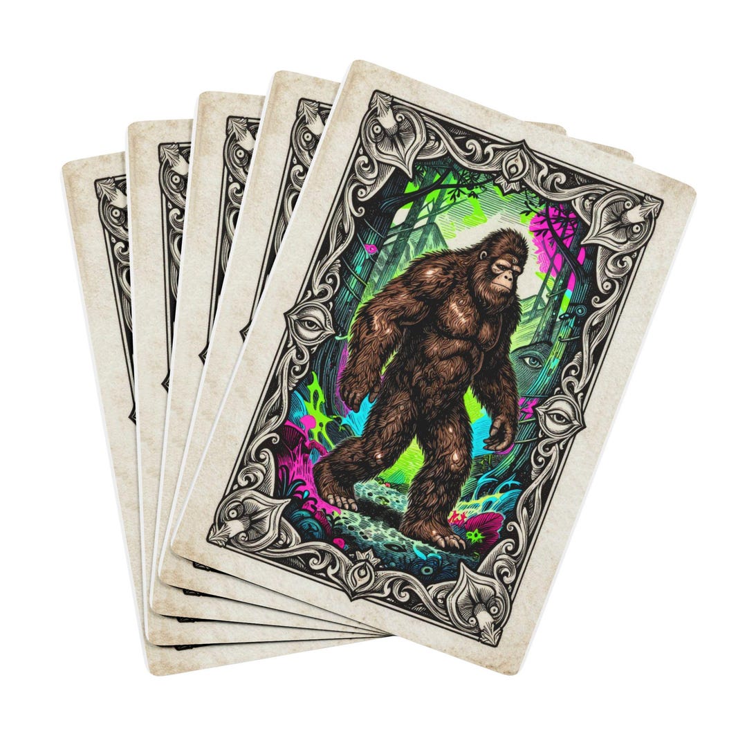 Sasquatch Forest Illustration Poker Playing Cards | Vintage Frame, Neon ...