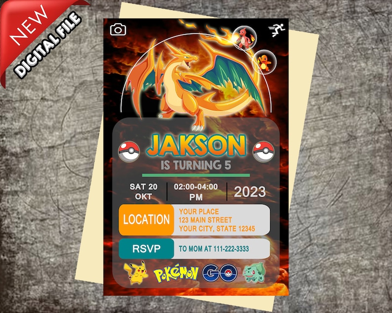 Charizard Pokemon Invitation, Personalized Invitation 5x7 or 4x6 - Etsy
