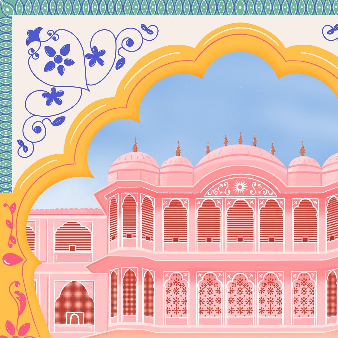 Jaipur City Palace, India Art Illustration, Travel Wall Art, Colourful ...