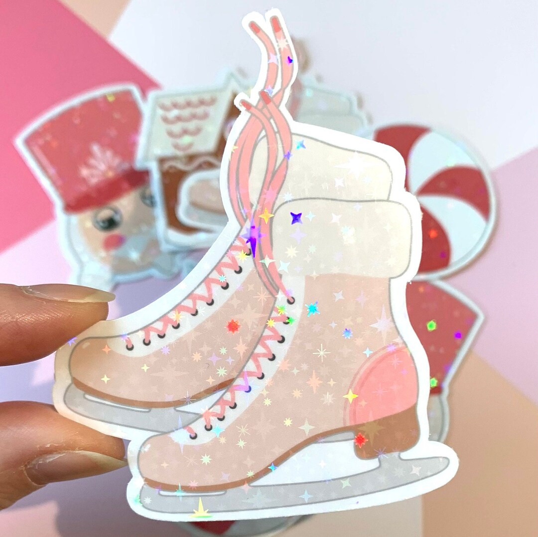 Pink Ice Skate Sparkly Vinyl Sticker, Waterproof Die Cut Sticker, Phone ...