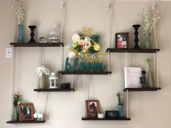 4 tier rustic wood hanging shelf Farmhouse style with natural | Etsy