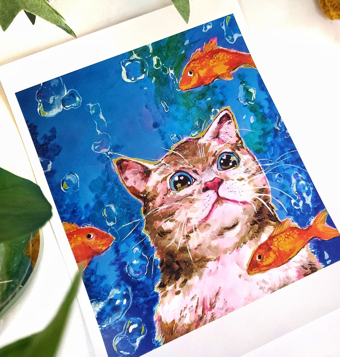 Ginger Cat Underwater Print, Gouache Art Print, Wall Art, Cat Gift Art ...