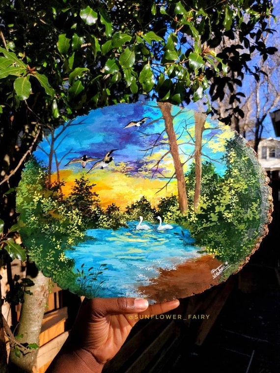 Handmade Colorful Forest Pond Scene on Wood Hand Painted Wood | Etsy