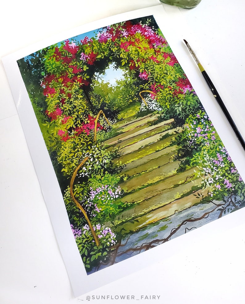 Hand Painted Overgrown Steps, Nature Art, Gouache Painting, Overgrown ...