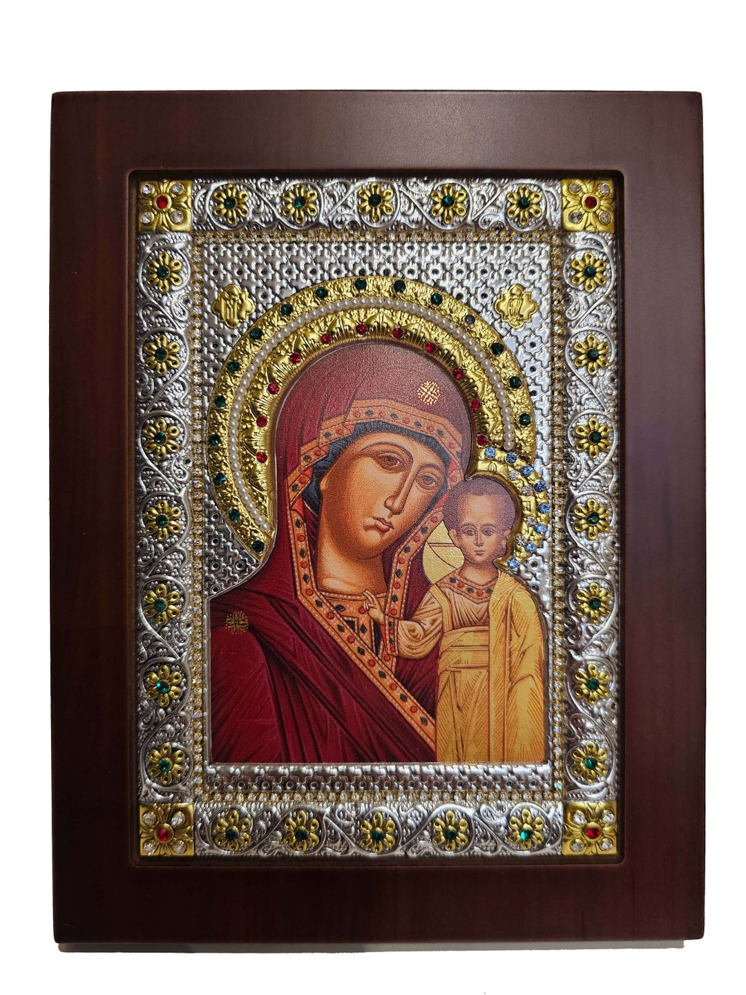 Virgin Mary of Kazan Kazanskaya Classic Theme Byzantine Silver Orthodox Icon / Greek / Handmade ...